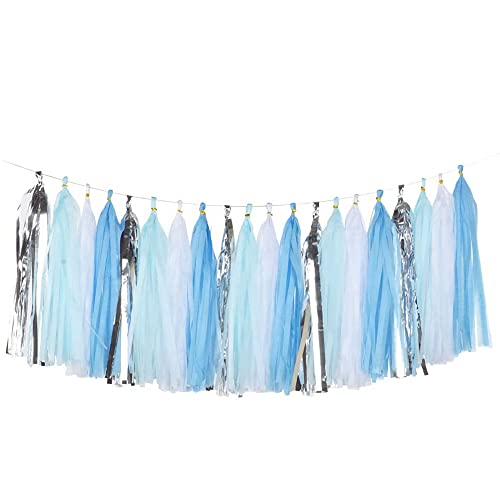 Qyeaber 20 pcs DIY Paper Tassel Tinsel Foil Tassel Party Garland, Silver/White/ Blue , Fringe Garland Banner for Wedding, Valentine's Day, Baby Shower,Birthday, Graduation, Event & Party Decorations