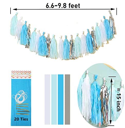 Qyeaber 20 pcs DIY Paper Tassel Tinsel Foil Tassel Party Garland, Silver/White/ Blue , Fringe Garland Banner for Wedding, Valentine's Day, Baby Shower,Birthday, Graduation, Event & Party Decorations