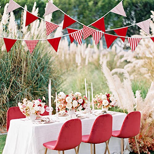 Zwiebeco 32Ft Red White Plaid Stripe Dot Fabric Bunting Banner Triangle Flags Cotton Garland Pennant for Birthday Wedding Engagement Carnival Party Classroom Nursery Home Outdoor Garden Decorations