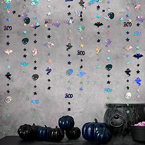 52 Feet Halloween Party Decorations Garlands Streamer BOO Sign Ghost Bat Skull Star Hanging Paper Banner Bunting in Iridescent Black Silver for Halloween All Hallows Eve Birthday Home Party Supplies