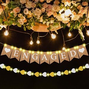 engaged banner heart garland and led string lights set rustic burlap bunting garland white gold hanging love heart streamer banner for wedding engagement party bridal baby shower birthday decorations