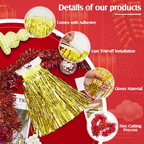 20 Pcs Parade Float Decorations for Trailer, 8 Foil Fringe Garlands 12 Tinsel Garlands, Metallic Tassel Banner Wall Hanging Fringe Banner for Wedding Birthday Party Holiday Car Decorations (Gold, Red)