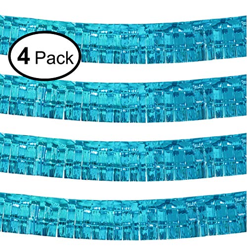 Blukey 10 Feet by 15 Inch Turquoise Foil Fringe Garland - Pack of 4 | Shiny Metallic Tinsel Banner | Ideal for Parade Floats, Bridal Shower, Wedding, Birthday, Christmas | Wall Hanging Drapes