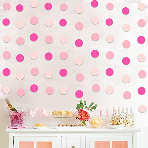 Zwiebeco 52Ft Pink Circle Dots Garland Paper Dot Bunting Banner Hanging Polka Dot Streamers for Baby Shower Birthday Engagement Wedding Bridal Shower Hen Tea Party Nursery Kids Room Home Decorations