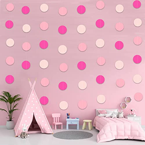 Zwiebeco 52Ft Pink Circle Dots Garland Paper Dot Bunting Banner Hanging Polka Dot Streamers for Baby Shower Birthday Engagement Wedding Bridal Shower Hen Tea Party Nursery Kids Room Home Decorations