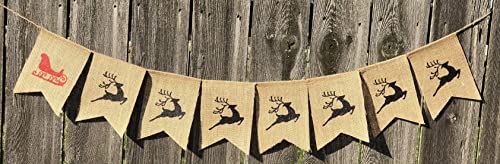 Santa's Sleigh & 7 Reindeer Burlap Banner - Ready to Hang Holiday Decor - Festive Christmas Seasonal Winter Decoration - Santa Sleigh Xmas Party Decorations - Santas Sleigh Garland by Jolly Jon