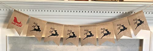 Santa's Sleigh & 7 Reindeer Burlap Banner - Ready to Hang Holiday Decor - Festive Christmas Seasonal Winter Decoration - Santa Sleigh Xmas Party Decorations - Santas Sleigh Garland by Jolly Jon