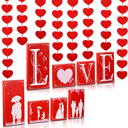 Queekay 12 Pcs Red Wooden Love Blocks Valentines Day Table Decoration Love Signs Set with Heart Banner Felt Red Heart Shape Hanging String Garland Party Decor for Wedding Anniversary Home Supplies