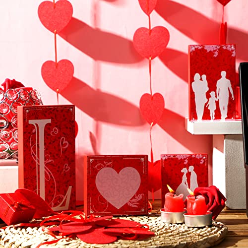 Queekay 12 Pcs Red Wooden Love Blocks Valentines Day Table Decoration Love Signs Set with Heart Banner Felt Red Heart Shape Hanging String Garland Party Decor for Wedding Anniversary Home Supplies