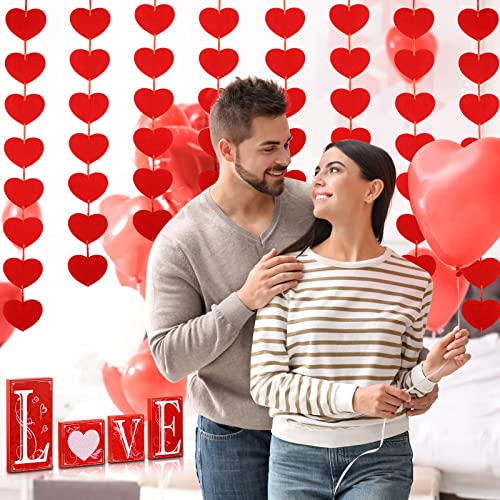 Queekay 12 Pcs Red Wooden Love Blocks Valentines Day Table Decoration Love Signs Set with Heart Banner Felt Red Heart Shape Hanging String Garland Party Decor for Wedding Anniversary Home Supplies