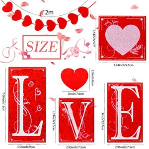 Queekay 12 Pcs Red Wooden Love Blocks Valentines Day Table Decoration Love Signs Set with Heart Banner Felt Red Heart Shape Hanging String Garland Party Decor for Wedding Anniversary Home Supplies