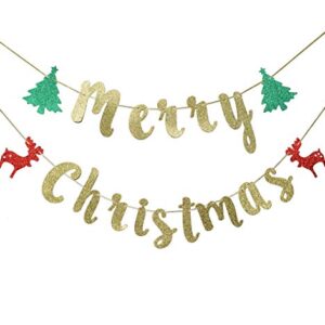 Merry Christmas Glitter Gold Burlap, Reindeer Banner, Christmas Party Favors (Gold)