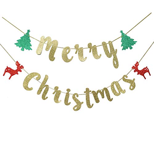 Merry Christmas Glitter Gold Burlap, Reindeer Banner, Christmas Party Favors (Gold)