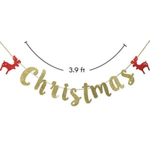 Merry Christmas Glitter Gold Burlap, Reindeer Banner, Christmas Party Favors (Gold)