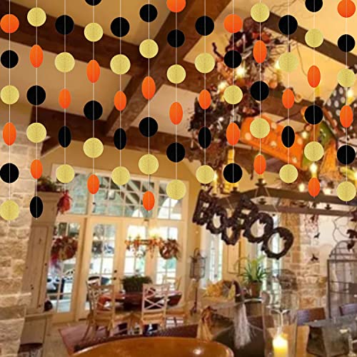 XIANMU 4 Pack 40 Feet Halloween Circle Dot Garlands Gold Glittery Orange and Black Paper Bunting Streamers Haunted House Hanging Party Decorations for Birthday Baby Shower Graduation Decor