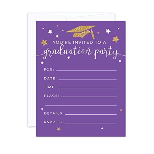 Andaz Press Royal Purple and Gold Glittering Graduation Party Collection, Blank Invitations with Envelopes, 20-Pack