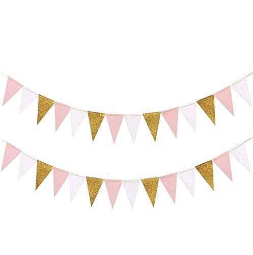 MoonBrush Glitter Paper Garland Banner for Party Photo Backdrop Wedding Graduation Birthday Festival Decor (Pink+White+Gold)