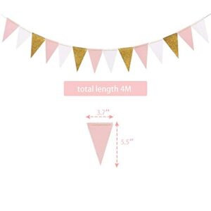 MoonBrush Glitter Paper Garland Banner for Party Photo Backdrop Wedding Graduation Birthday Festival Decor (Pink+White+Gold)