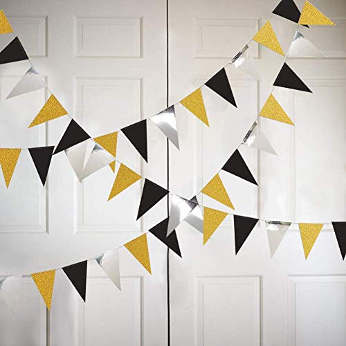 Decor365 Gold Black Silver Vingage Triangle Flag Banner for Graduation Party Decorations Hanging Flag Decoration for Wedding/Birthday/Anniversary/Xmas Dance Prom Party Decor