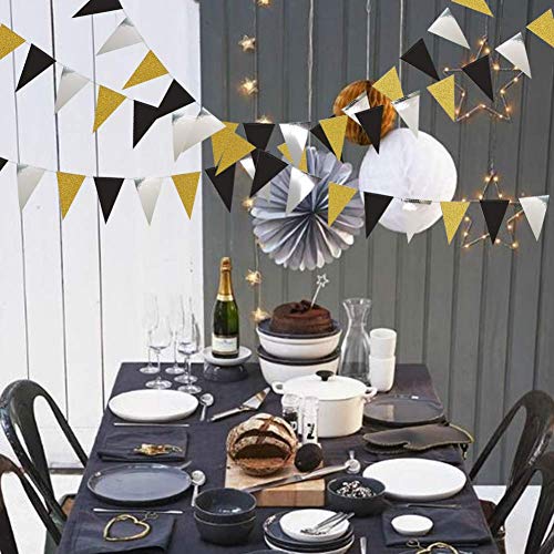 Decor365 Gold Black Silver Vingage Triangle Flag Banner for Graduation Party Decorations Hanging Flag Decoration for Wedding/Birthday/Anniversary/Xmas Dance Prom Party Decor