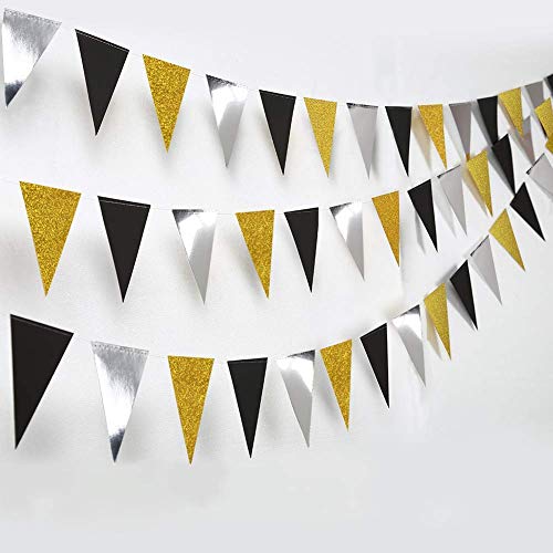 Decor365 Gold Black Silver Vingage Triangle Flag Banner for Graduation Party Decorations Hanging Flag Decoration for Wedding/Birthday/Anniversary/Xmas Dance Prom Party Decor