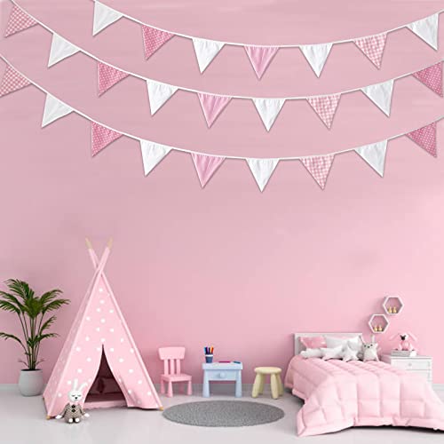 Zwiebeco 32Ft Pink White Plaid Dot Fabric Bunting Banner Triangle Flags Cotton Garland Pennant for Birthday Wedding Baby Shower Engagement Hen Party Classroom Nursery Home Outdoor Garden Decorations