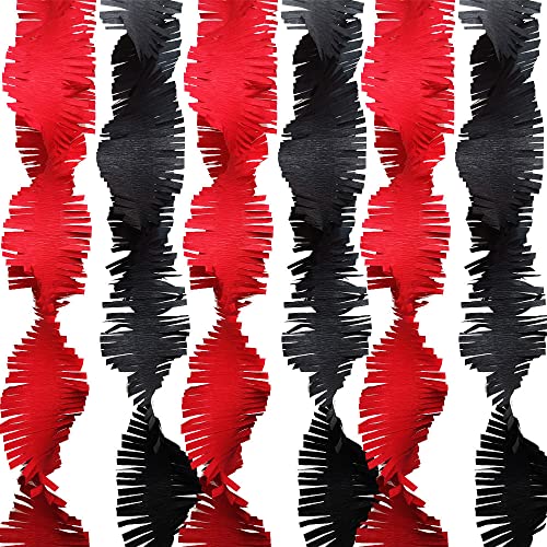 6-Pack Black Red Party Paper Backdrop Crepe Paper Swirls Garland Backdrop Fringe Paper Hanging Streamers for All Party Events, Garland Backdrop (Set of 3 pcs x 2 Color 8.2ft Garland)