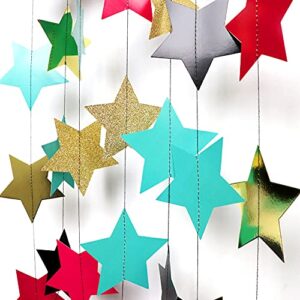 HappyField TIK Tok Birthday Decorations Star Garlands Glitter Gold Black Fuchsia Teal Star Banner for TIK Tok Party Decorations TIK Tok Musical Birthday Party Decor Music Party Supplies TIK Tok Decor