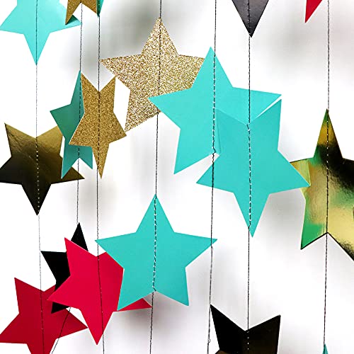 HappyField TIK Tok Birthday Decorations Star Garlands Glitter Gold Black Fuchsia Teal Star Banner for TIK Tok Party Decorations TIK Tok Musical Birthday Party Decor Music Party Supplies TIK Tok Decor