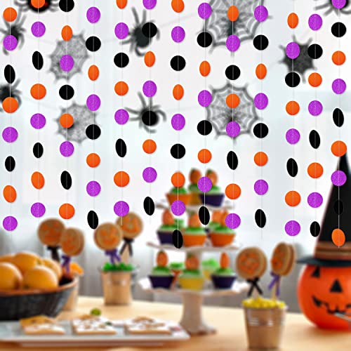 XIANMU Halloween Circle Dot Garlands Purple Glittery Orange and Black Paper Streamers Hanging Backdrop Decorations Halloween Party Supplies Birthday Baby Shower Event Decor 4 Pack 40 Feet