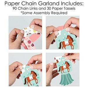 Big Dot of Happiness Run Wild Horses - 90 Chain Links and 30 Paper Tassels Decoration Kit - Pony Birthday Party Paper Chains Garland - 21 feet