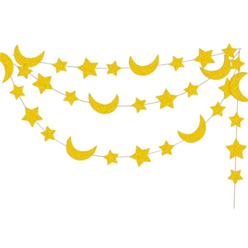 TOSFUYA Gold Star Moon Garland, Hanging Banner Decoration for Wedding Birthday Baby Shower Party Decoration 26 Ft