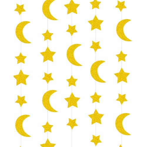 TOSFUYA Gold Star Moon Garland, Hanging Banner Decoration for Wedding Birthday Baby Shower Party Decoration 26 Ft