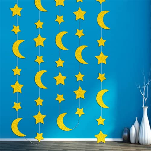 TOSFUYA Gold Star Moon Garland, Hanging Banner Decoration for Wedding Birthday Baby Shower Party Decoration 26 Ft