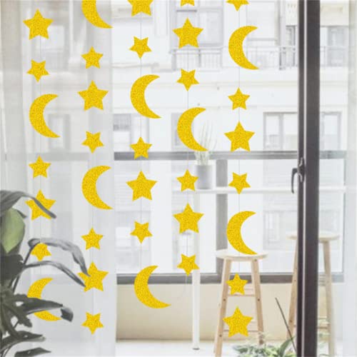 TOSFUYA Gold Star Moon Garland, Hanging Banner Decoration for Wedding Birthday Baby Shower Party Decoration 26 Ft