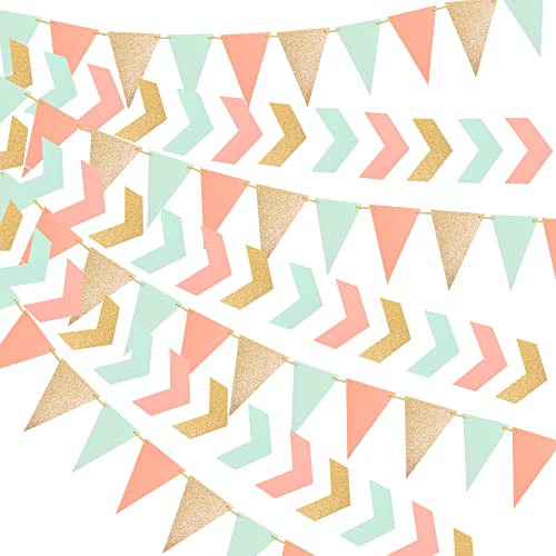 Fonder Mols Paper Triangle Flag Pennant Bunting Banner for Tribe Wedding Party,Baby Shower,Girl Nursery Decorations (Peach+Mint+Gold Glitter,10 feet,Double Sided,Set of 2)