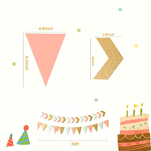 Fonder Mols Paper Triangle Flag Pennant Bunting Banner for Tribe Wedding Party,Baby Shower,Girl Nursery Decorations (Peach+Mint+Gold Glitter,10 feet,Double Sided,Set of 2)