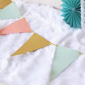 Fonder Mols Paper Triangle Flag Pennant Bunting Banner for Tribe Wedding Party,Baby Shower,Girl Nursery Decorations (Peach+Mint+Gold Glitter,10 feet,Double Sided,Set of 2)