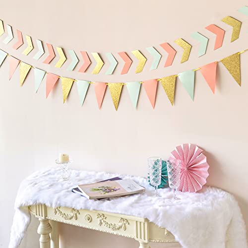 Fonder Mols Paper Triangle Flag Pennant Bunting Banner for Tribe Wedding Party,Baby Shower,Girl Nursery Decorations (Peach+Mint+Gold Glitter,10 feet,Double Sided,Set of 2)