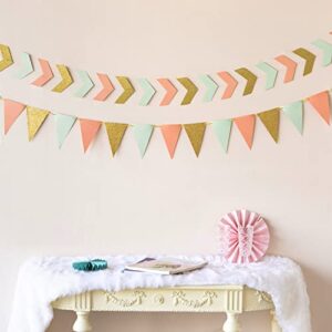 Fonder Mols Paper Triangle Flag Pennant Bunting Banner for Tribe Wedding Party,Baby Shower,Girl Nursery Decorations (Peach+Mint+Gold Glitter,10 feet,Double Sided,Set of 2)