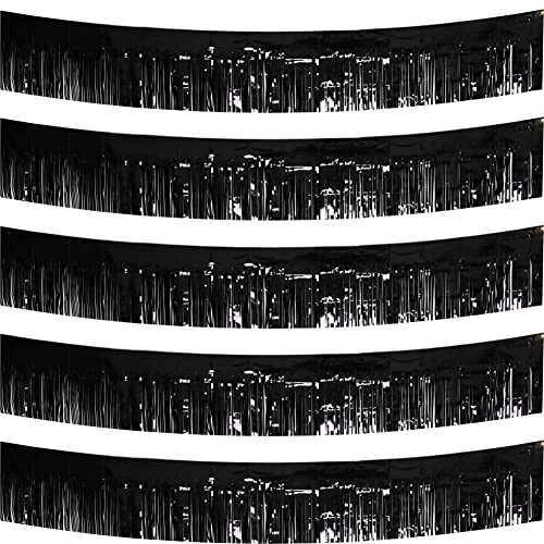 CareCheer 5 Pack 10 Feet Foil Fringe Garland Shiny Metallic Wall Hanging Drapes Tassel Skirting Decorations Supplies for Parade Float Trailer Mardi Gras Party Birthday Wedding (Black)