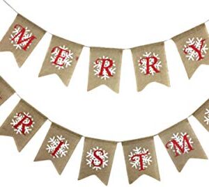 Merry Christmas Snowflake Burlap Banner - Ready to Hang Holiday Decor - Festive Christmas Seasonal Winter Decoration - Xmas Party Photo Prop Decorations - Rustic Bunting Garland by Jolly Jon