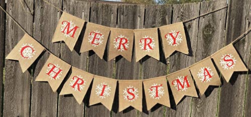 Merry Christmas Snowflake Burlap Banner - Ready to Hang Holiday Decor - Festive Christmas Seasonal Winter Decoration - Xmas Party Photo Prop Decorations - Rustic Bunting Garland by Jolly Jon