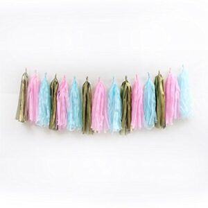 15 pcs tissue paper tassels set of 2 tassel garland banner for wedding, baby shower, festival items & party decoration, diy kits(matte gold+pink+blue)