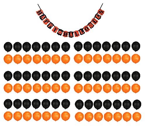 Happy Halloween Banner With Balloons - 100 Orange & Black Balloons Set - Halloween Decor Party Decorations Garland Bundle by Jolly Jon