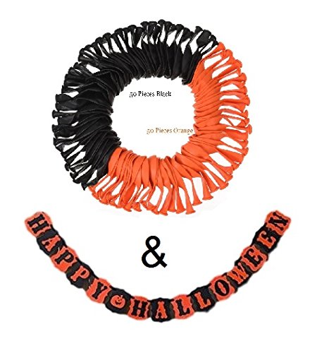 Happy Halloween Banner With Balloons - 100 Orange & Black Balloons Set - Halloween Decor Party Decorations Garland Bundle by Jolly Jon