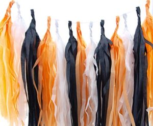 halloween garland, orange, black & white october party tassels (set of 15) – spooky party supplies, halloween tissue paper tassel, halloween birthday party decorations banner backdrop