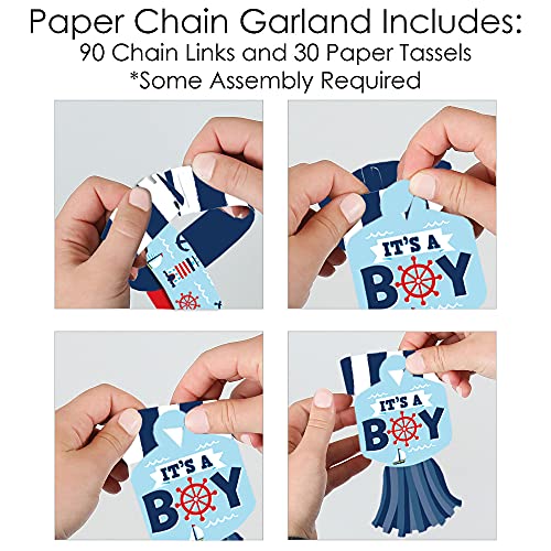 Big Dot of Happiness Ahoy It’s a Boy - 90 Chain Links and 30 Paper Tassels Decoration Kit - Nautical Baby Shower Paper Chains Garland - 21 feet