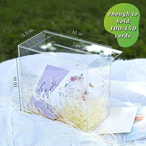 Acrylic Wedding Card Box, Clear Card Box for Reception, Elegant Wedding Envelope Box, Baby Bridal Shower Money Gift Card Box with Slot for Party, Wishing Well, Birthday, Graduation, 10x10x5.5 inch