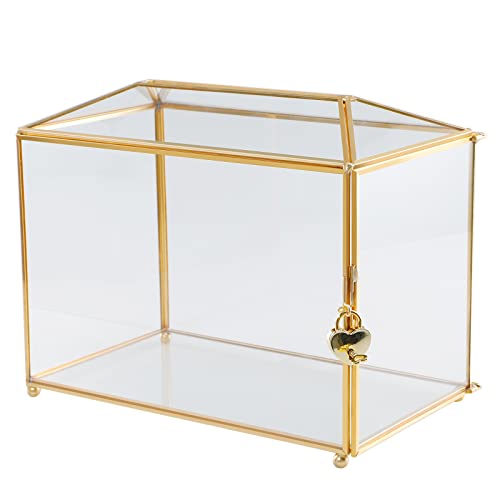 RUNIGOO Wedding Card Box, Gold Geometric Glass Card Box with Slot and Heart Lock Clear Terrarium Planter for Wedding Reception, Keepsake Gift, Clear Party Centerpiece, Home Deacr